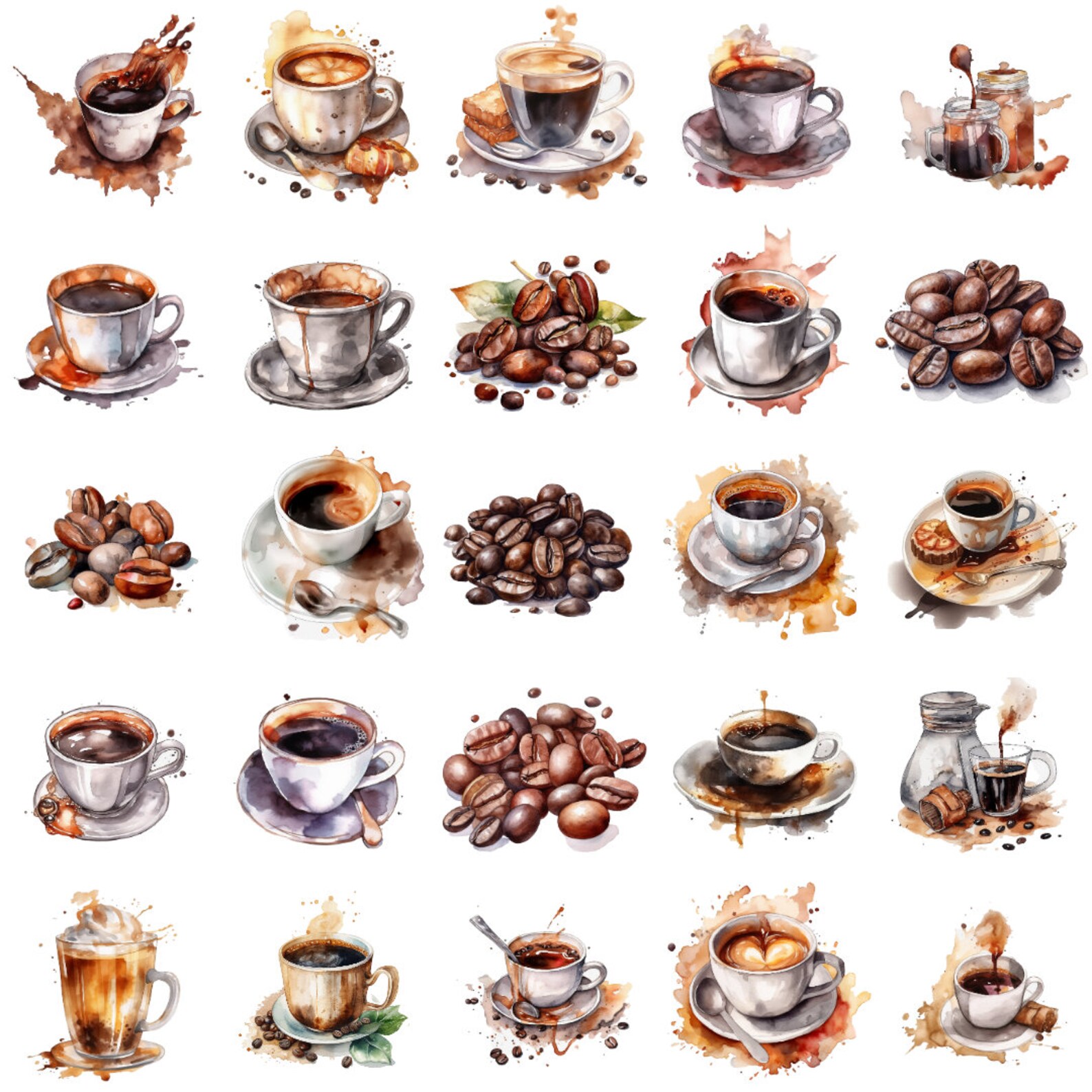 Watercolor Coffee Clipart Bundle, Coffee Beans, Cup of Coffee Digital ...
