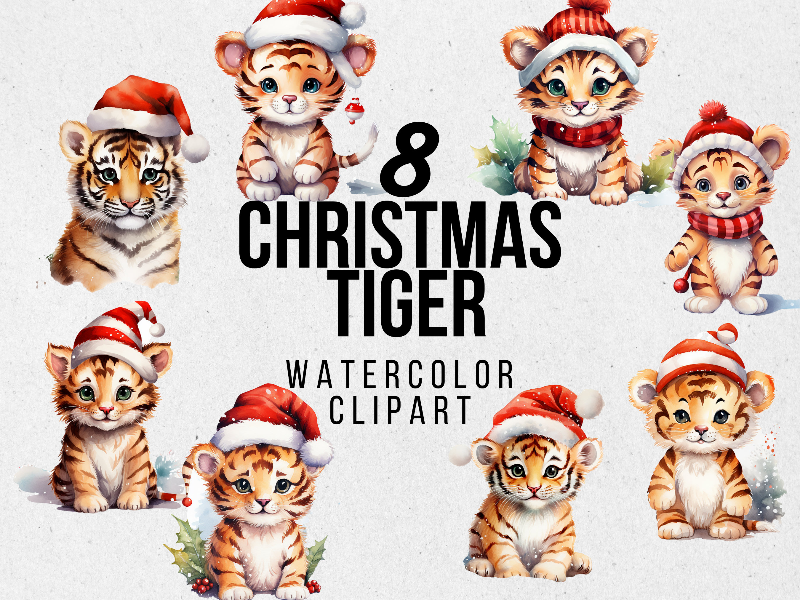 Christmas Tiger Clipart, Watercolor Holidays, Winter Clipart, Magical ...