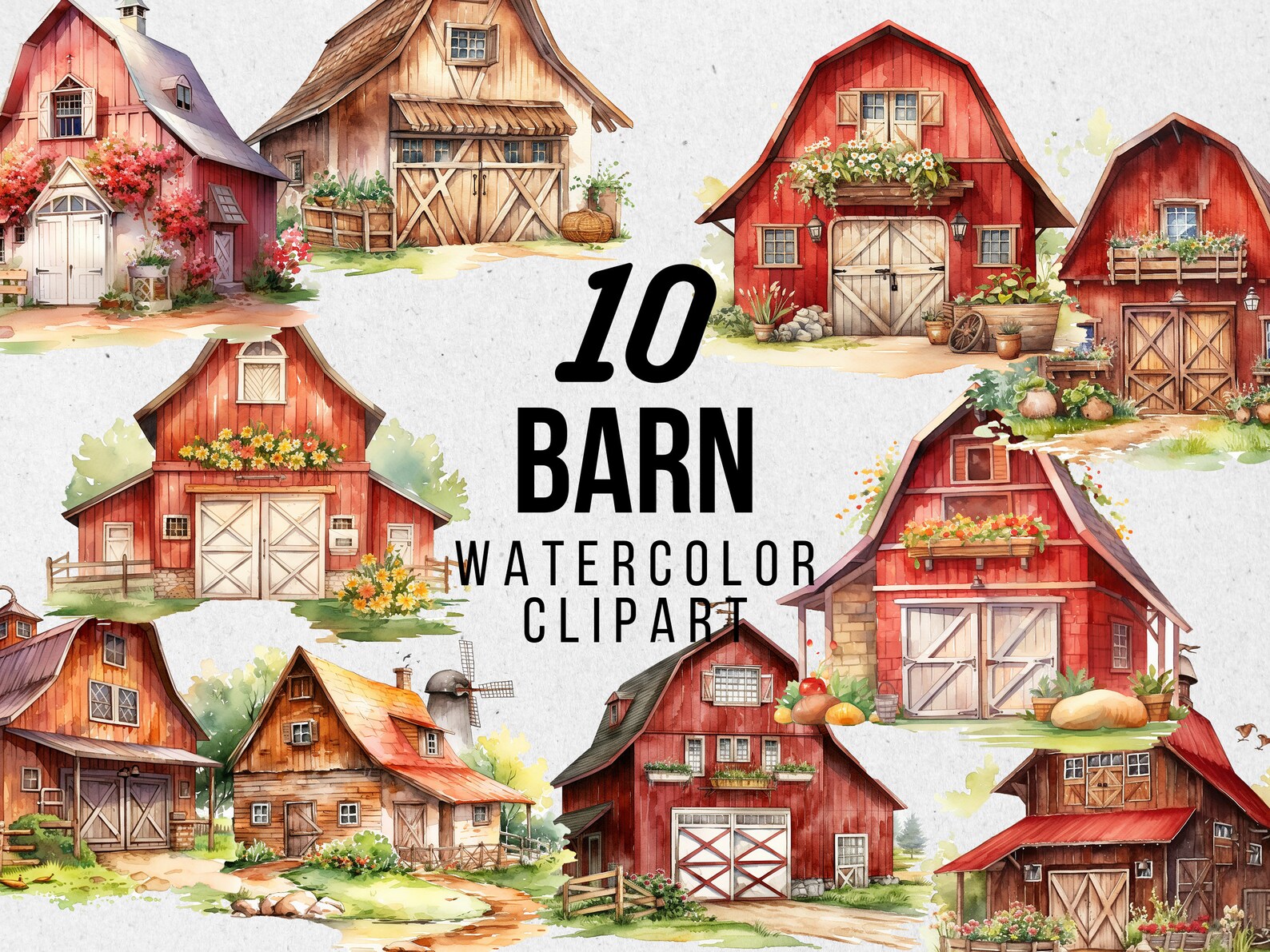 Farm Barn Watercolor Clipart, Farmhouse Clipart, Barn Bundle PNG, Barn ...