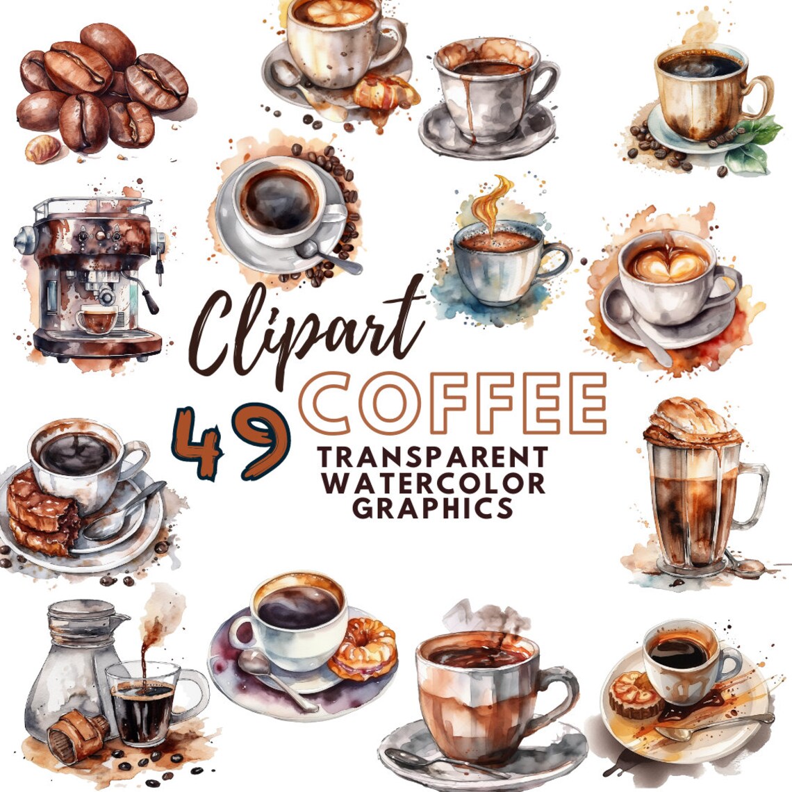 Watercolor Coffee Clipart Bundle, Coffee Beans, Cup of Coffee Digital ...