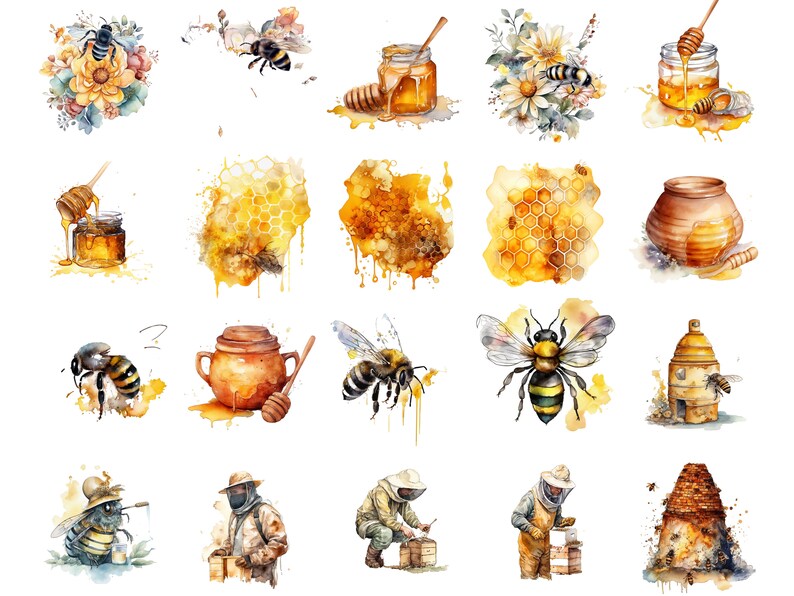 Watercolor Honey Bee Clipart, Honey Drips Clip Art PNG Graphics Instant ...