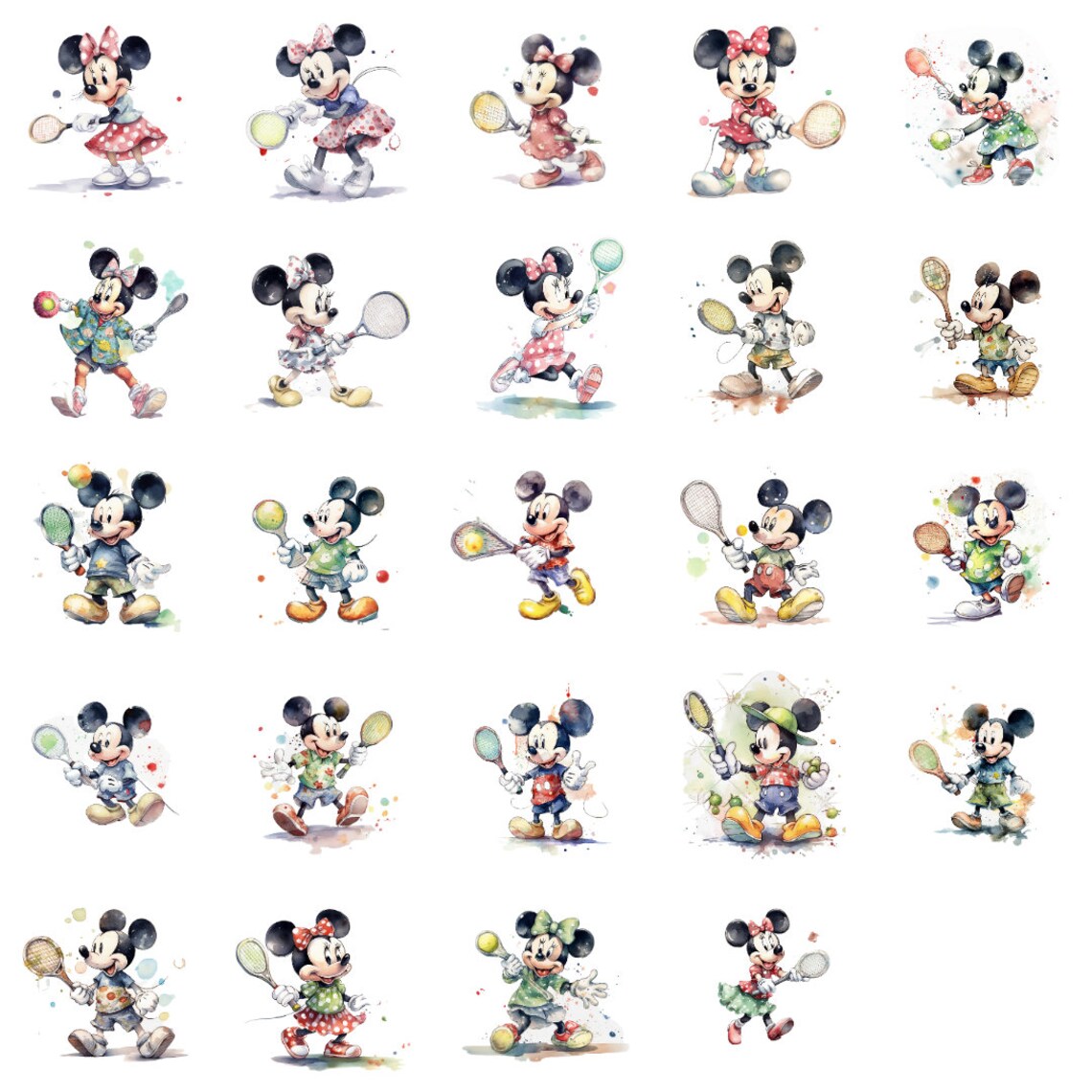 Watercolor Mickey and Minnie Mouse Playing Pickleball, Clipart, PNG ...