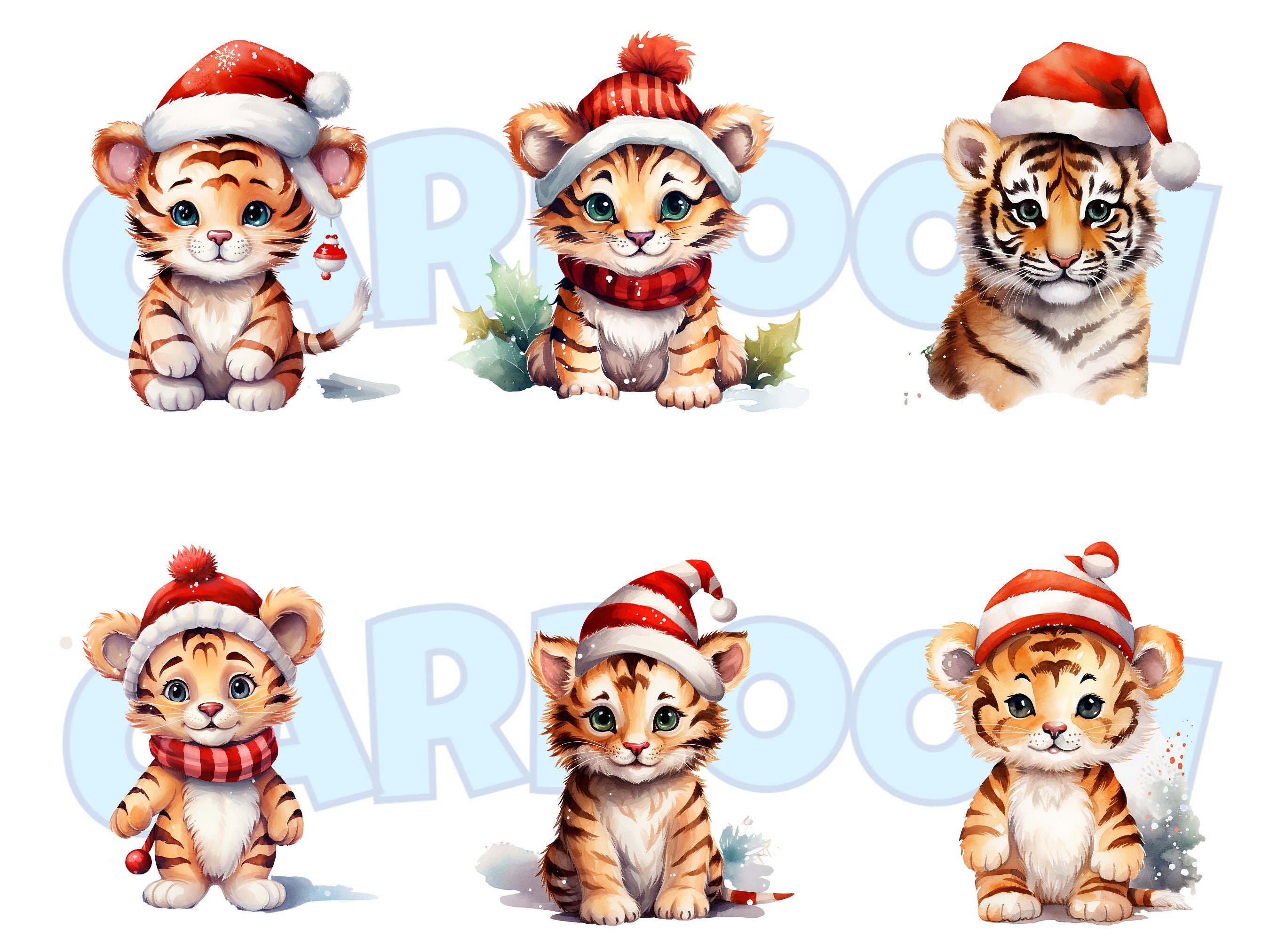 Christmas Tiger Clipart, Watercolor Holidays, Winter Clipart, Magical ...