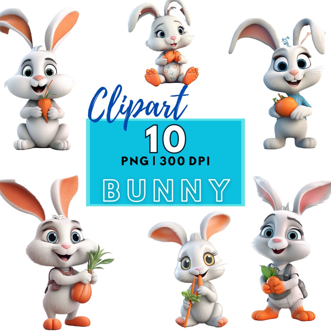 Cute Bunny Clipart PNG, Clipart Pack of 10, Crafts Card Making ...