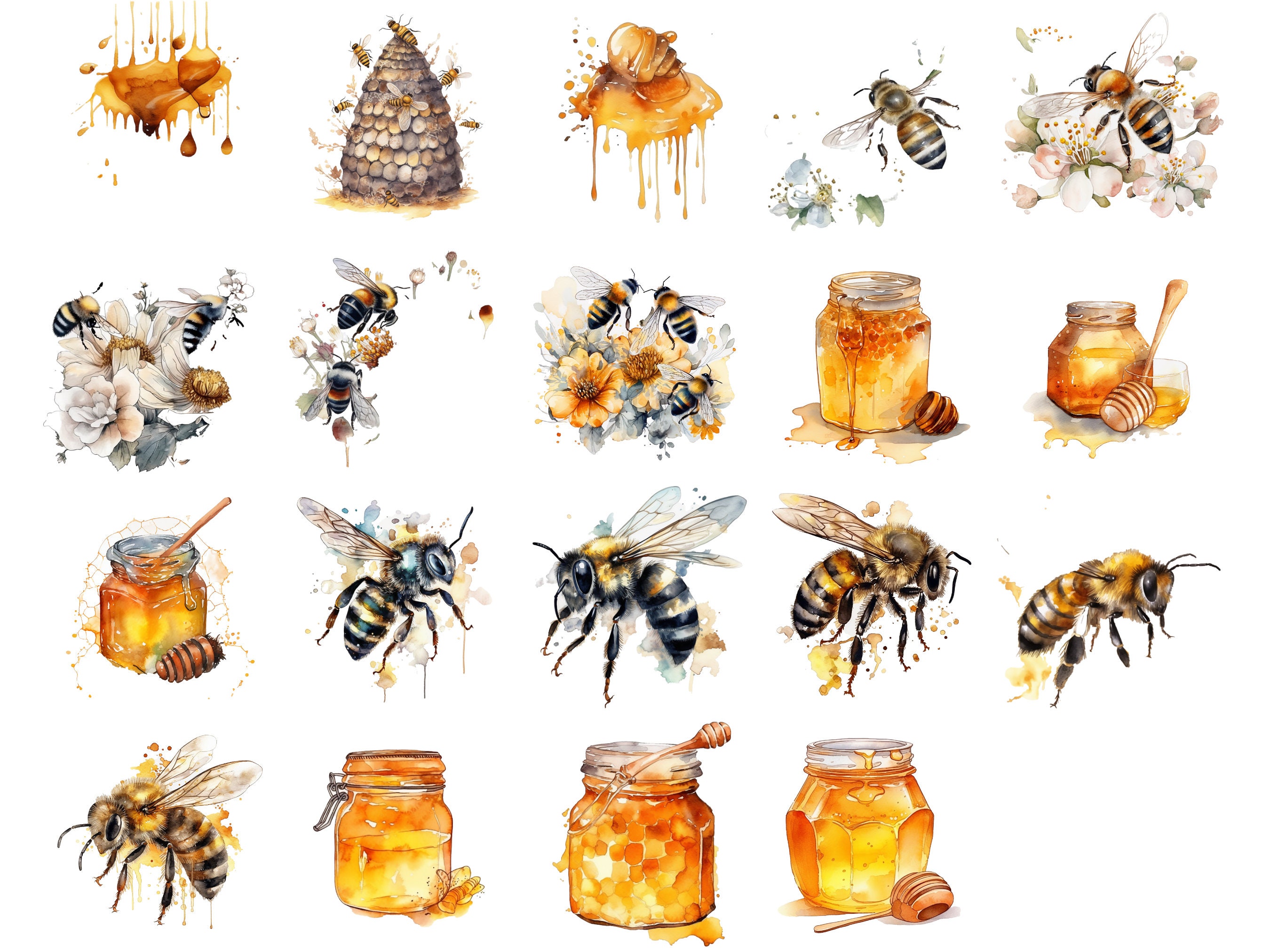 Watercolor Honey Bee Clipart, Honey Drips Clip Art PNG Graphics Instant ...