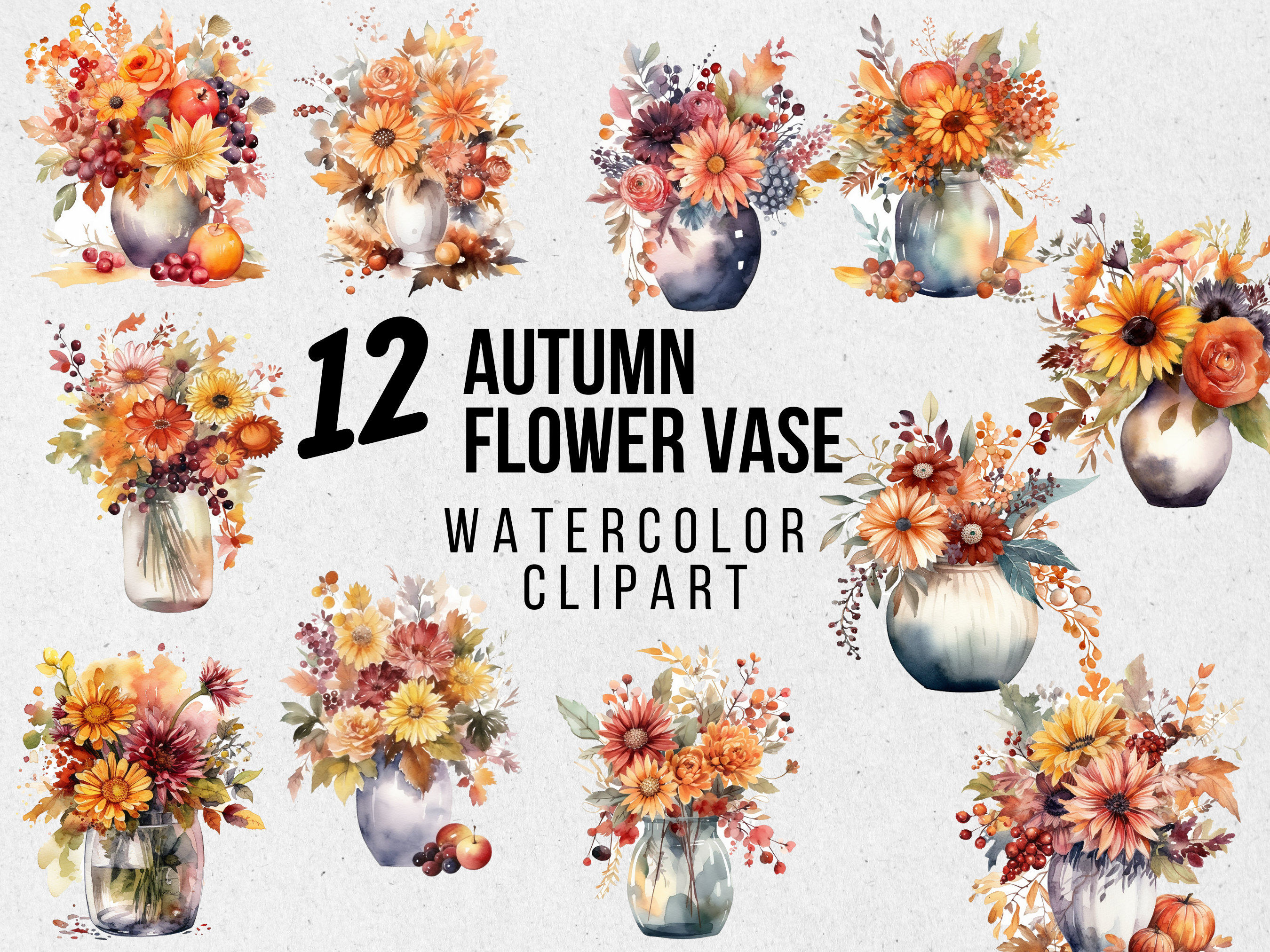 Autumn Vase of Flowers Clipart - 12 High Quality Jpgs - Digital ...