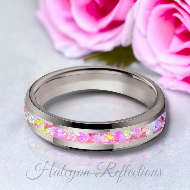 Pink Opal Glow Ring: Tungsten Wedding Band, Gold Ceramic Silver ...