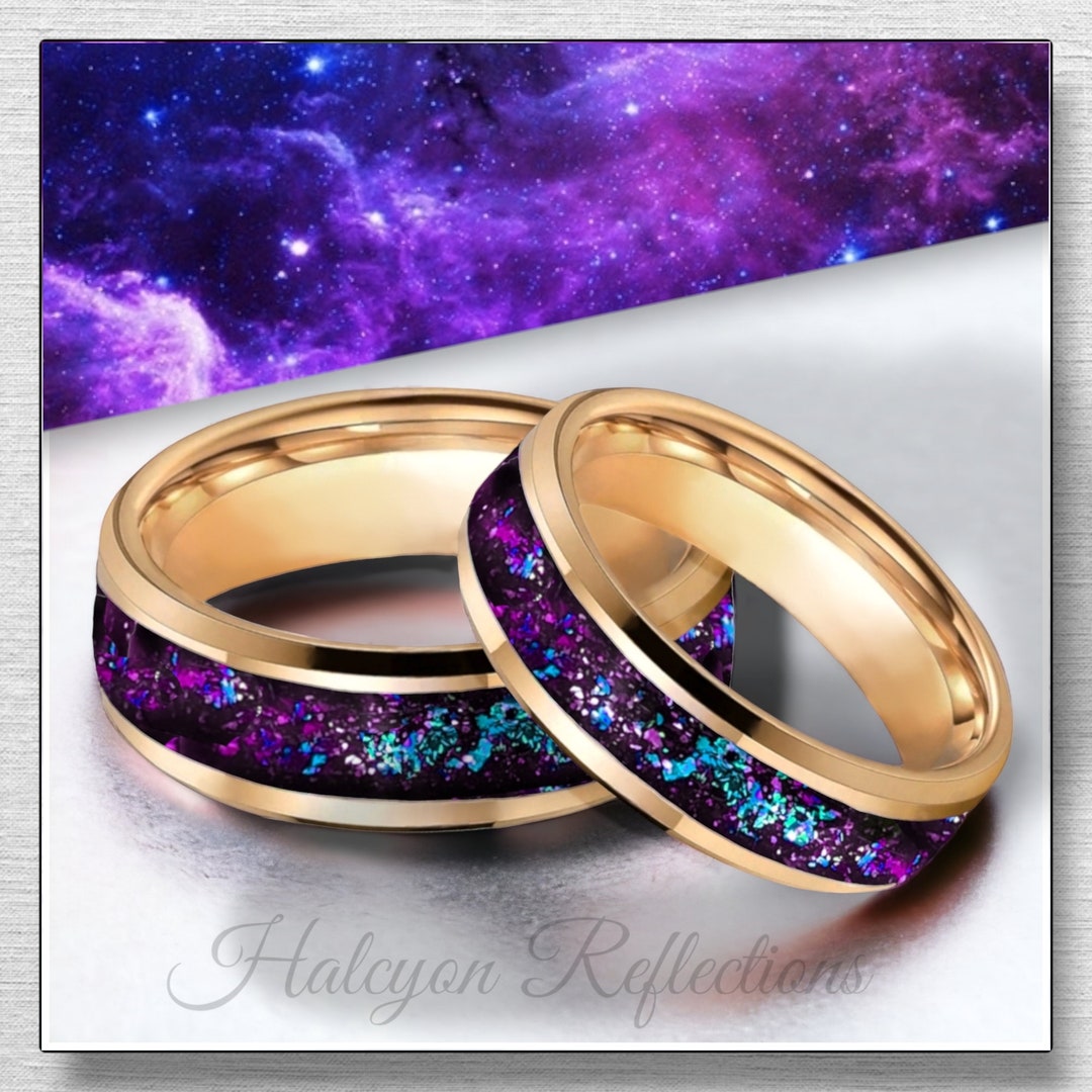 14K Gold Tungsten Galaxy Ring: Purple Nebula Wedding Band - Etsy