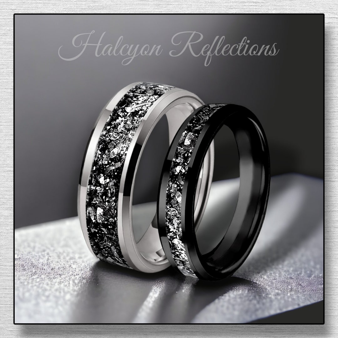 Black Jet and Meteorite Galaxy Ring, Men's Woman's Wedding Band, 8mm ...