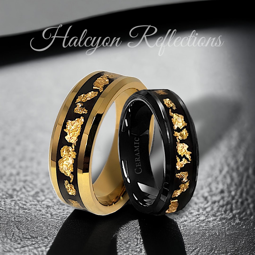 Elegant Gold Leaf Black Jet Ring, Men's Woman's Wedding Ring, 14K Gold ...