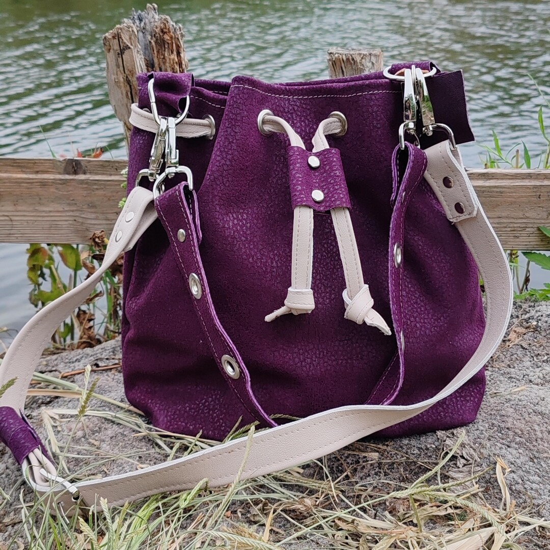Handmade Leather Bucket Bag – Deep Purple Cowhide With Suede Lining ...