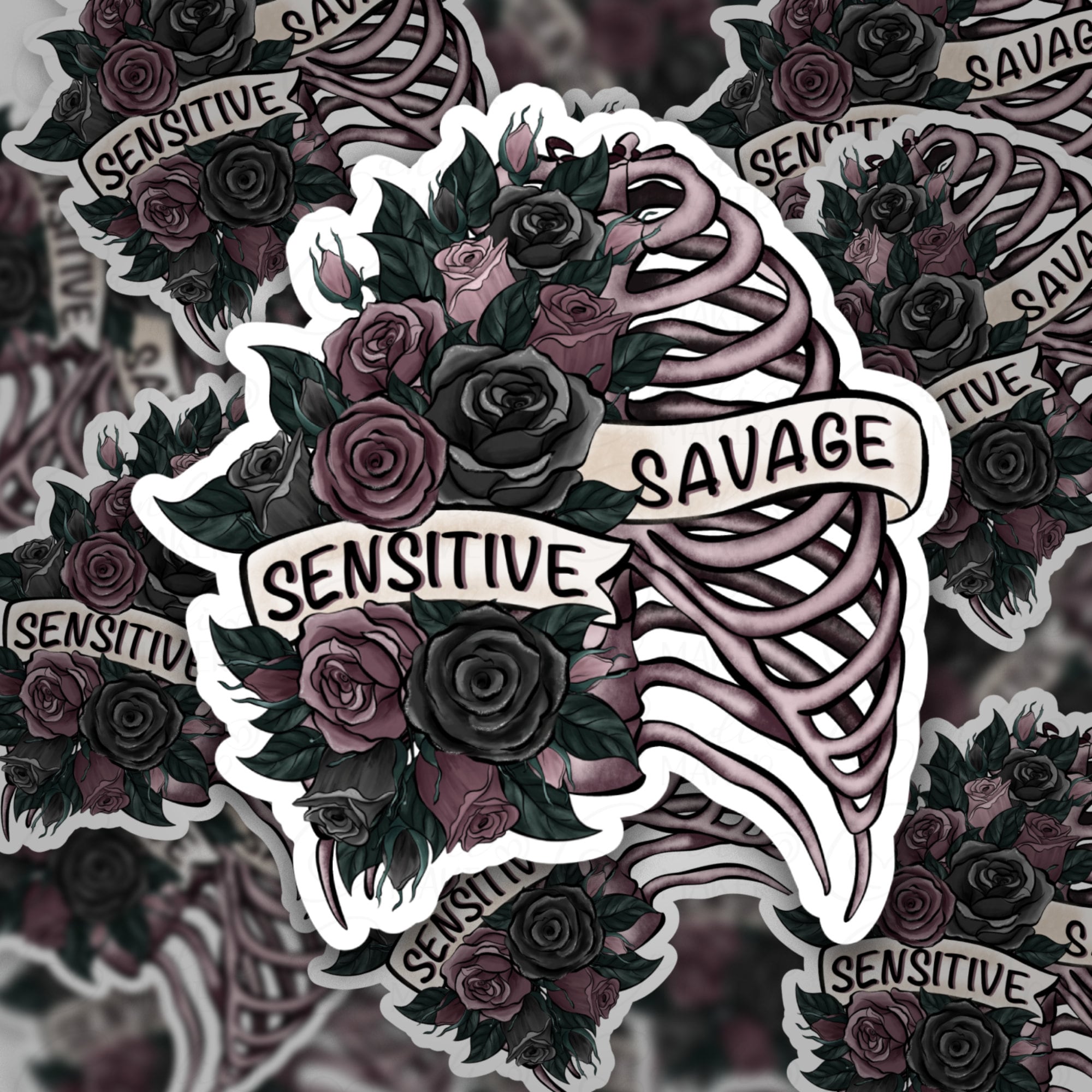 Sensitive Savage, Black Rose Skeleton Vinyl Sticker Decal Die-cut Water ...