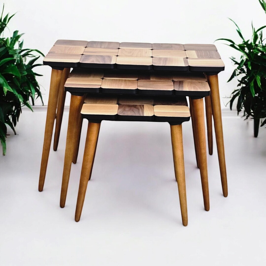 Nesting Coffee Table Set, Walnut Side Table Mid Century, Nesting of ...
