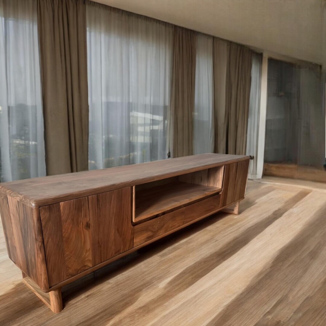 Natural Solid Wood and Metal Tv Unit, Walnut Wood TV Unit, Media ...