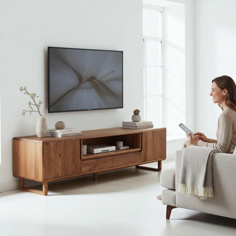 Handcrafted Walnut Wood TV Unit: Rustic Media Console & Storage - Etsy