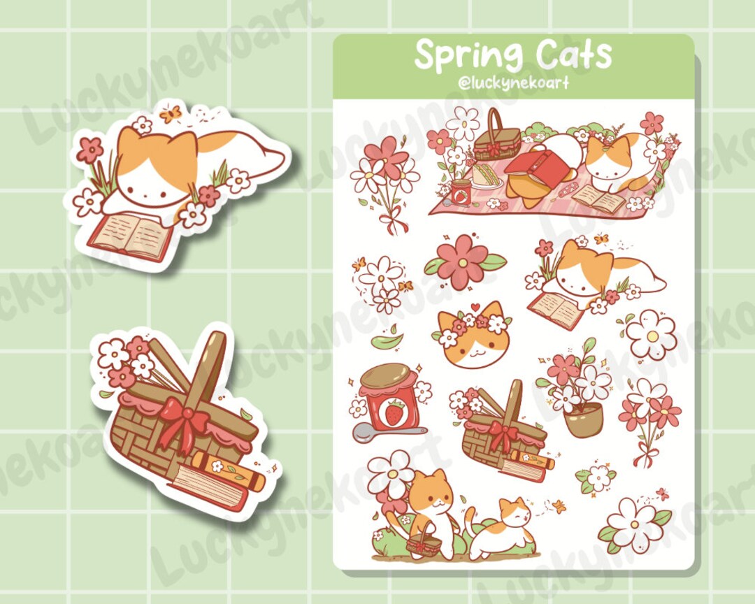 Spring Cats Sticker Sheet | Journal Sticker | Cute Cat | Spring Sticker ...