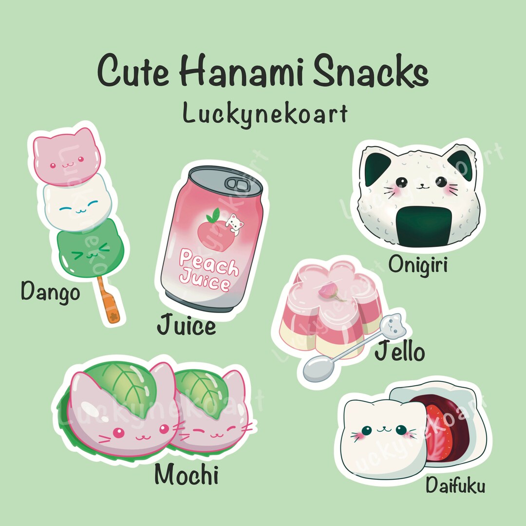 Cute Hanami Snacks Sticker Set | Cat Stickers | Food Stickers | Animal ...