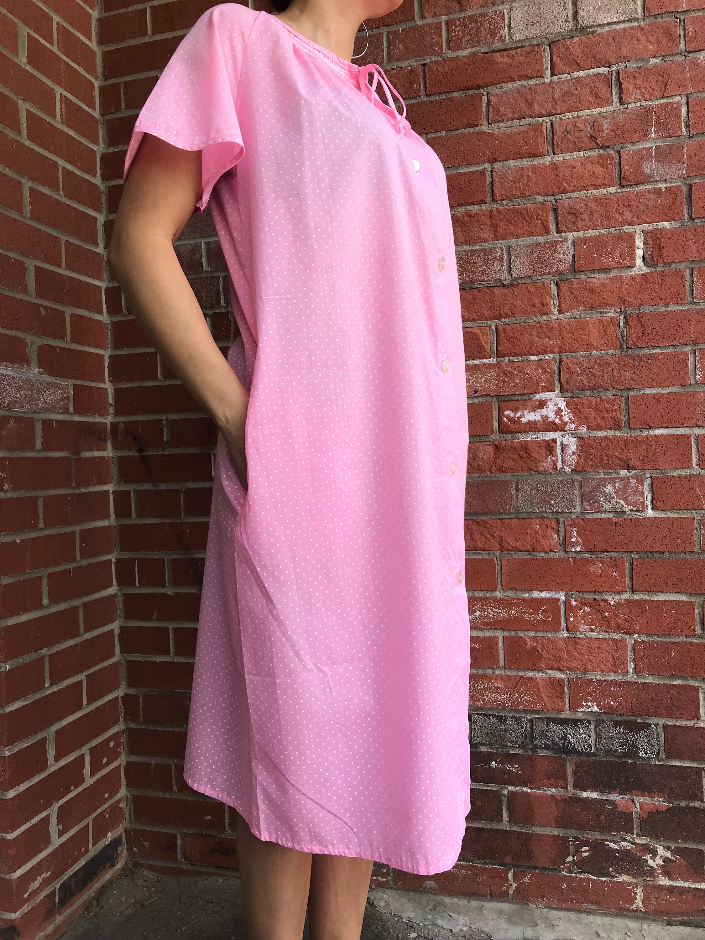 Vintage Elegant Lady Lightweight Button Front Nightgown Pink With White ...