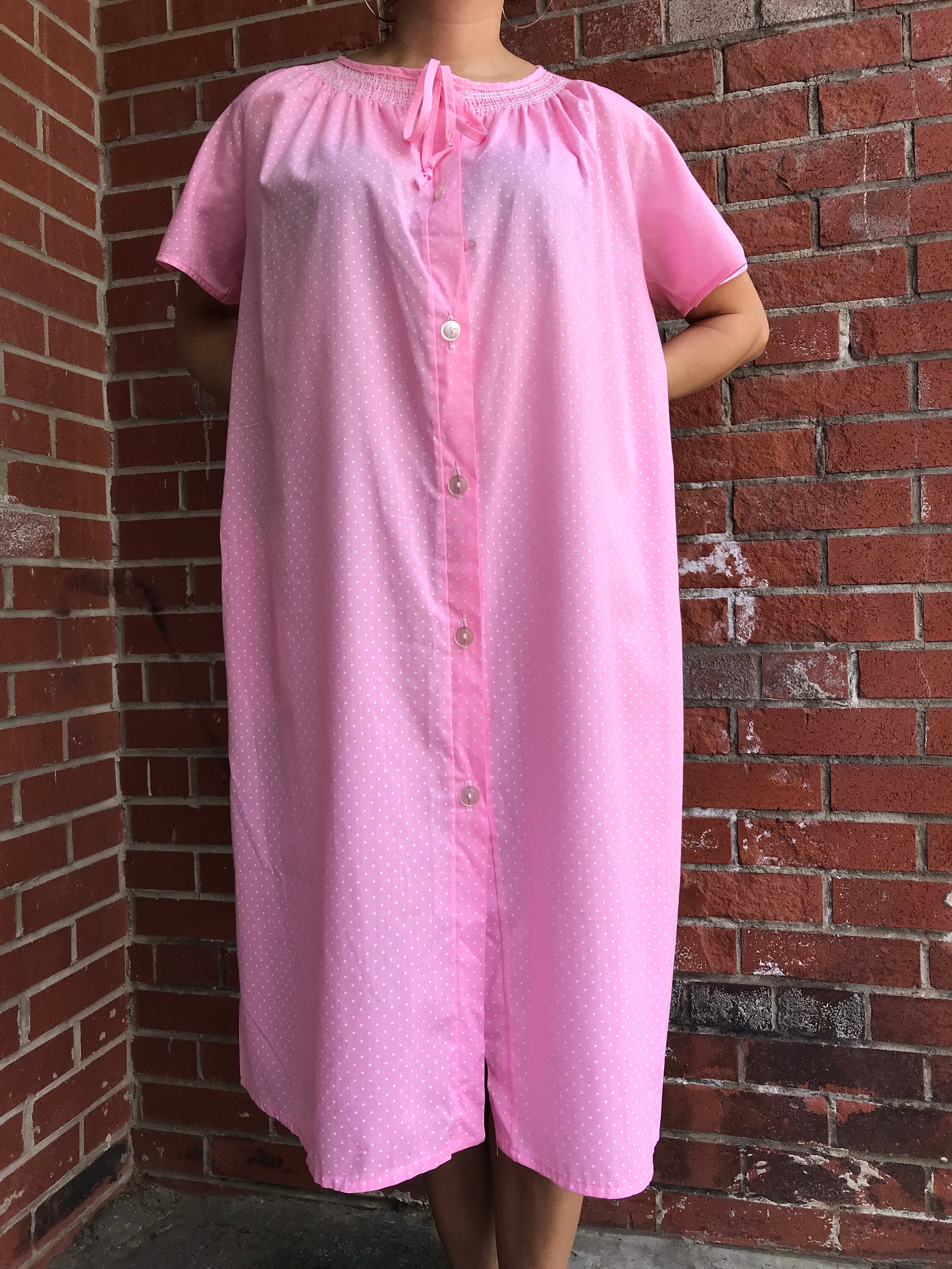 Vintage Elegant Lady Lightweight Button Front Nightgown Pink With White ...