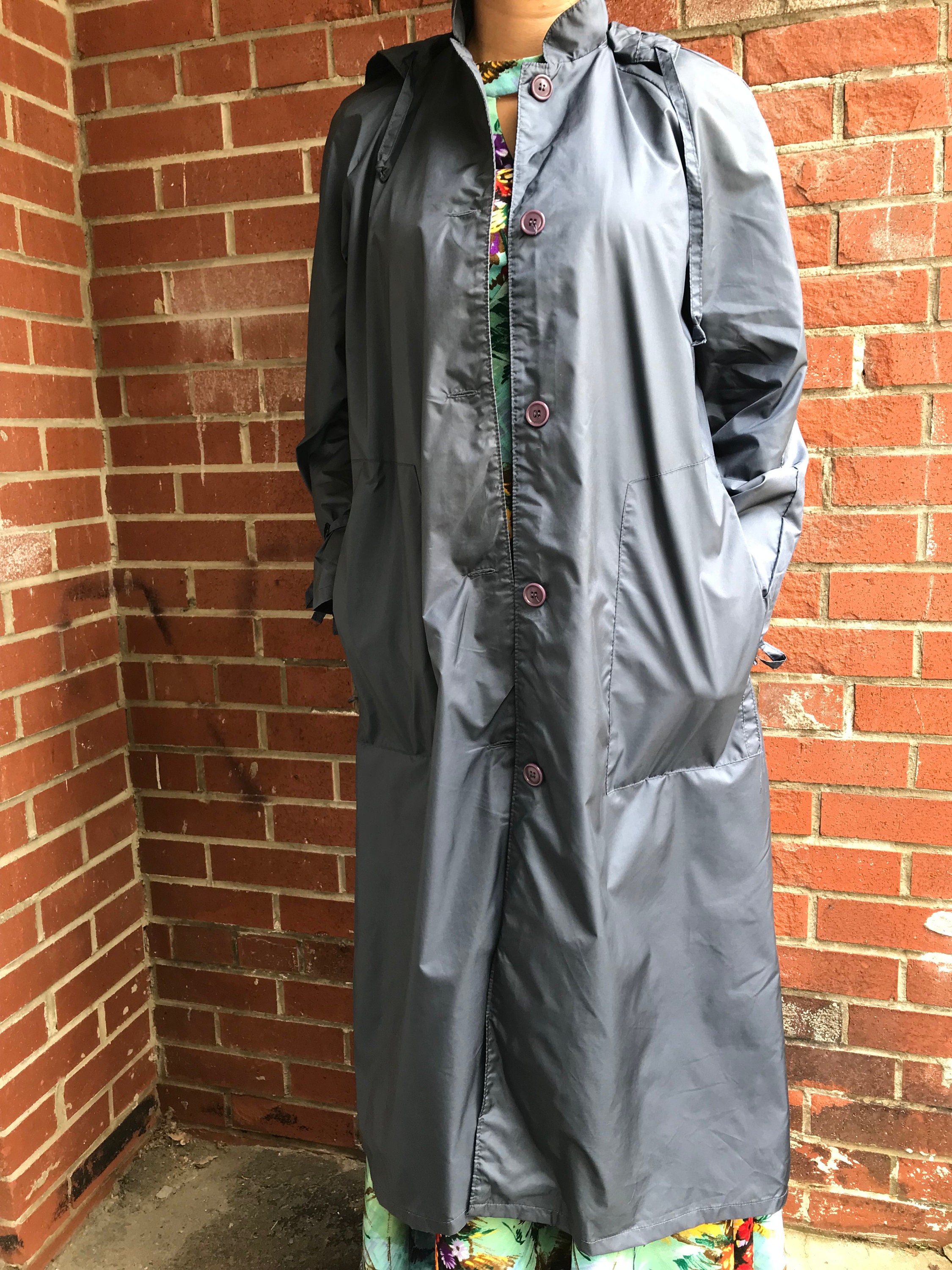 Vintage Eaton's Full Length Hooded Nylon Windbreaker Trench Coat Navy ...