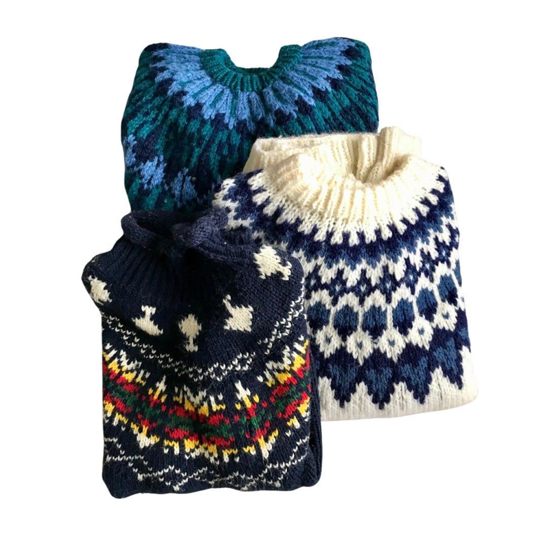 Hand Knit Fair Isle Pullover Sweaters Grey and Blue, White and Blue ...