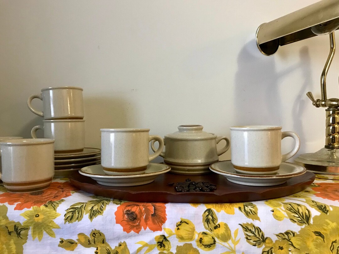 70’s Vintage Stoneware Cups and Saucers With Caramel Stripe and ...