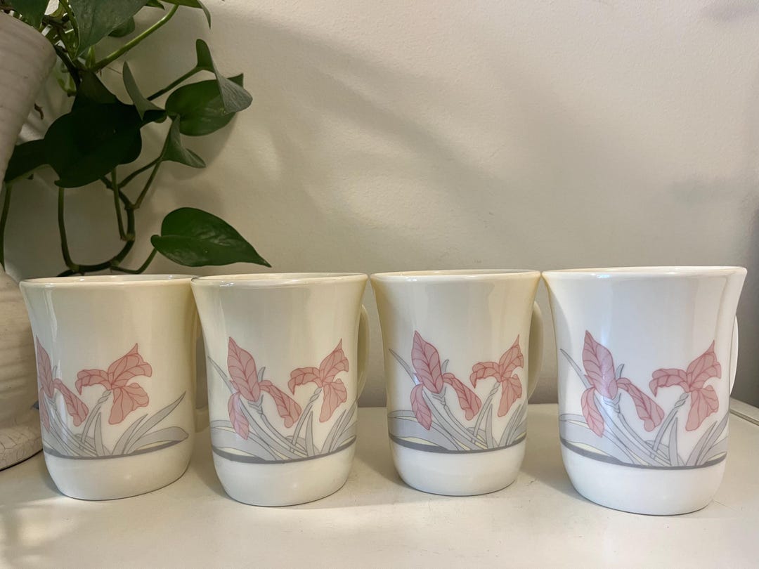 Vintage Arcopal Milk Glass Mugs - Pink Iris Floral, Set of 4 - Etsy