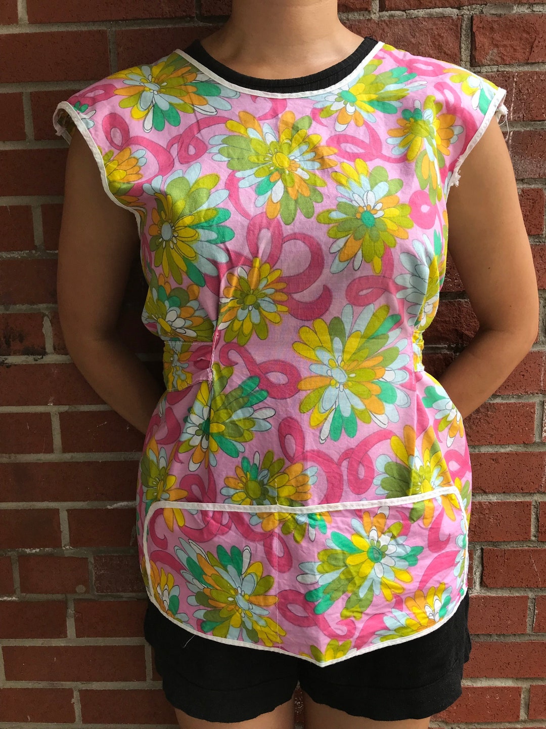 70's Vintage Pink Flower Power Retro Print Apron Shirt Ties Around Back ...