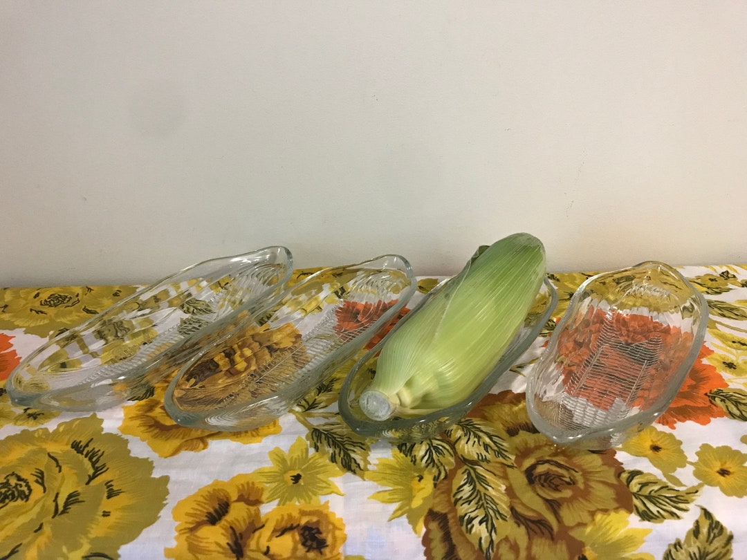 Vintage Pressed Glass Corn on the Cob Plates Set of Four - Dinner Party ...