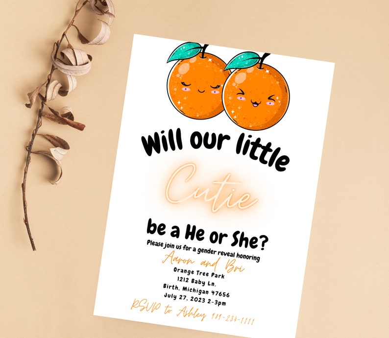 Gender Reveal Invitation, Little Cutie Gender Reveal, Orange Cutie ...