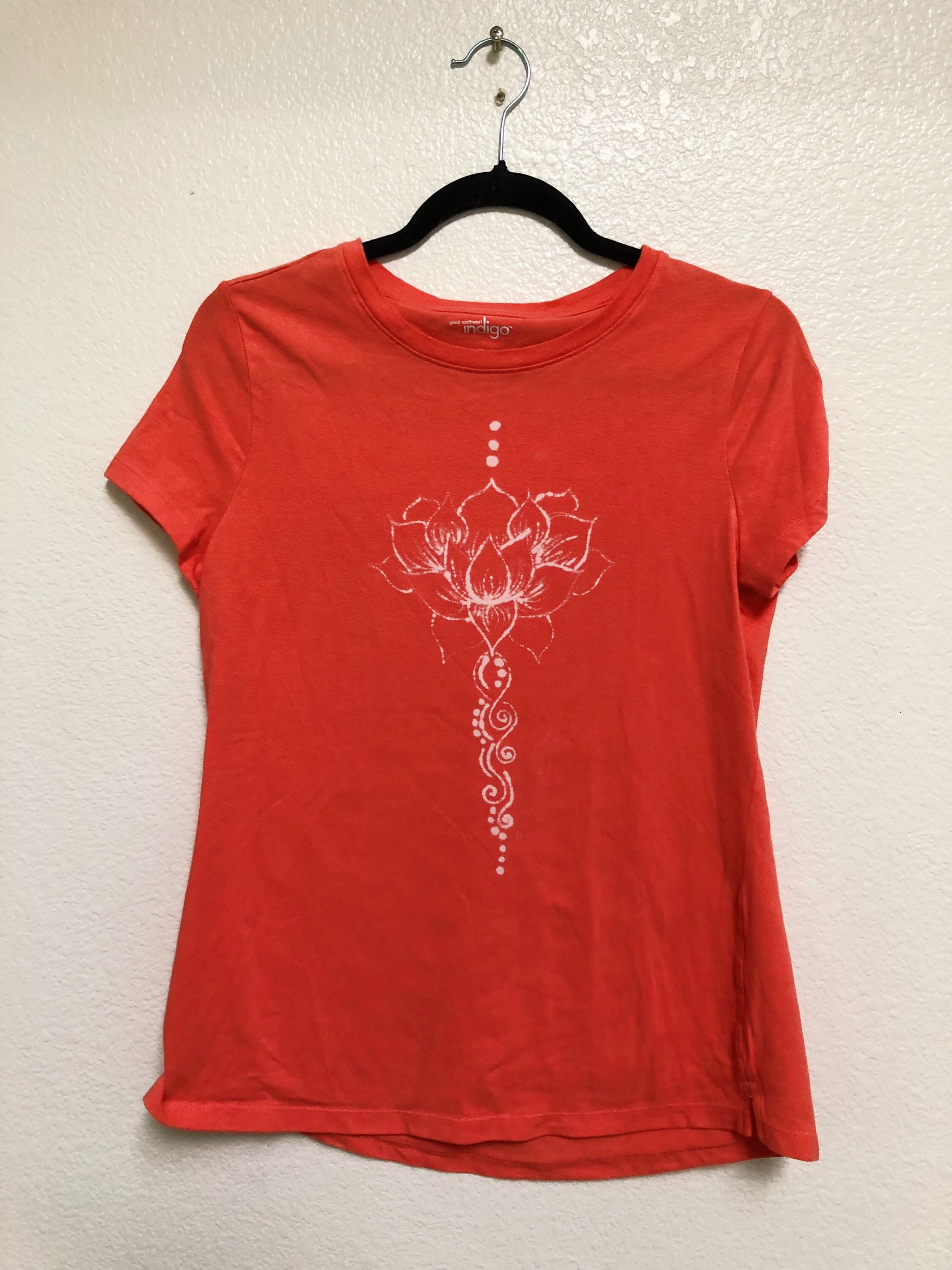 Bleach Art Painting Top Lotus Flower Upcycled Handmade Boho Yoga Orange ...