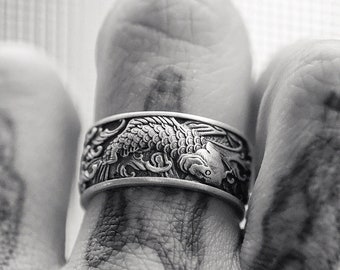 Japanese Koi Fish Band Ring, Handmade Men Ring, Mens Ring, Unique Ring ...