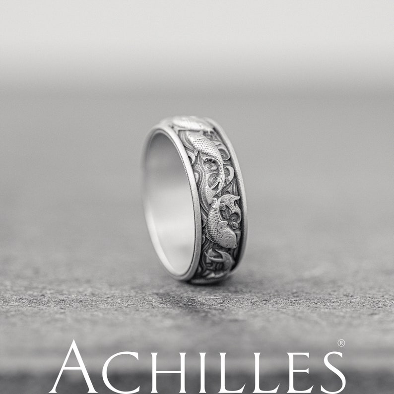 Anillo de plata de ley para hombre con diseño de pez koi, banda con ...