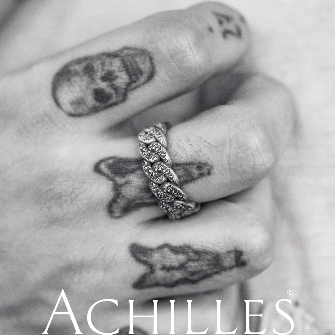 Mens Curb Link Chain Ring Floral Sterling Silver Ring Victorian Style ...
