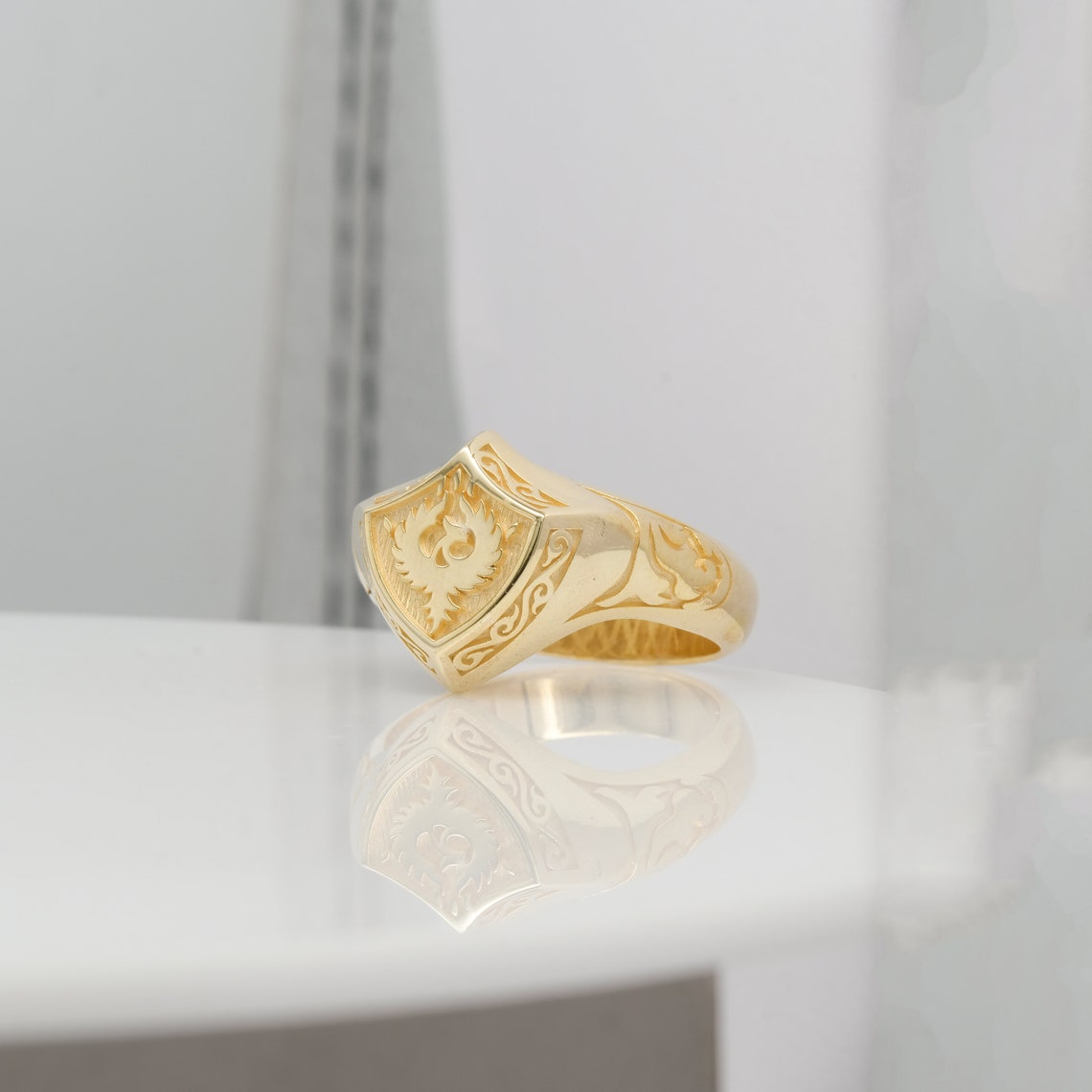 14k Gold Phoenix Ring 18k Shield Signet Ring Solid Phoenix Signet 14k ...
