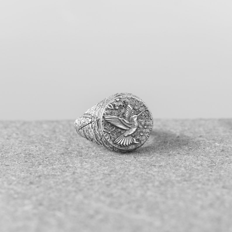 Silver Hummingbird Ring Mens Signet Ring Sterling Animal Ring Handmade ...