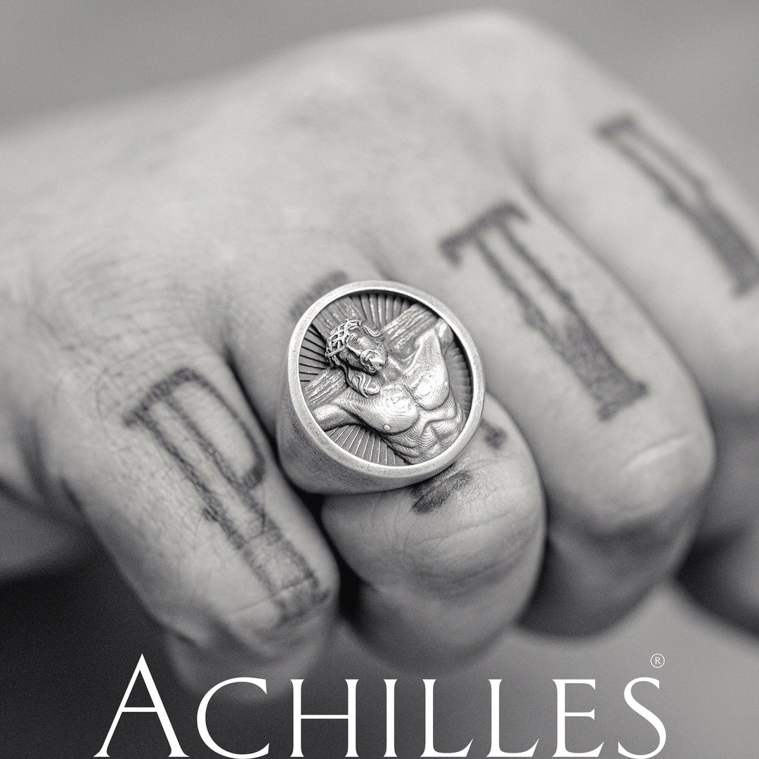 Engraved Crucifixion of Jesus Ring, Jesus Christ With Cross Oxidized ...
