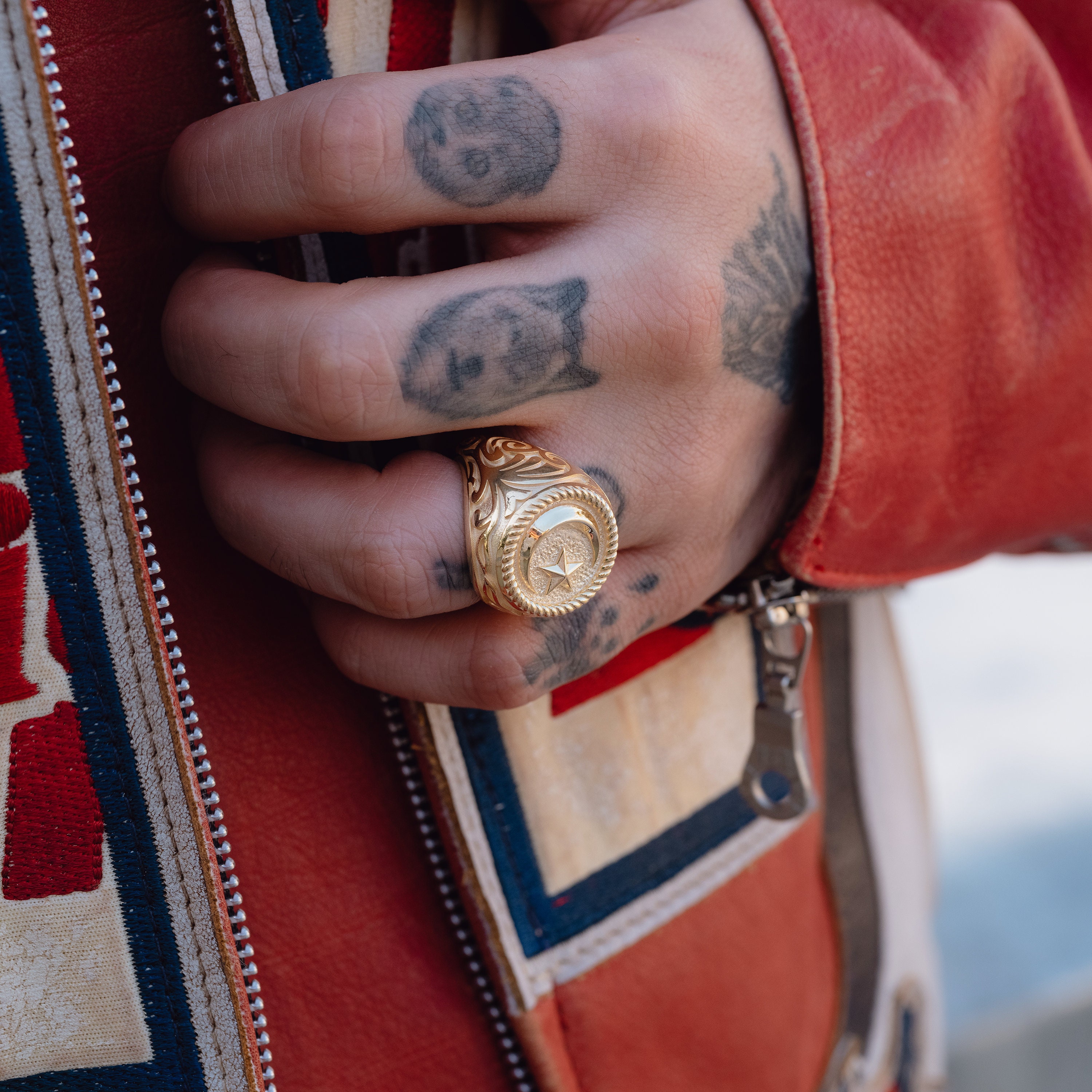 Gold Crescent Moon Star Ring 14k Crescent Moon Star Signet Ring Solid ...