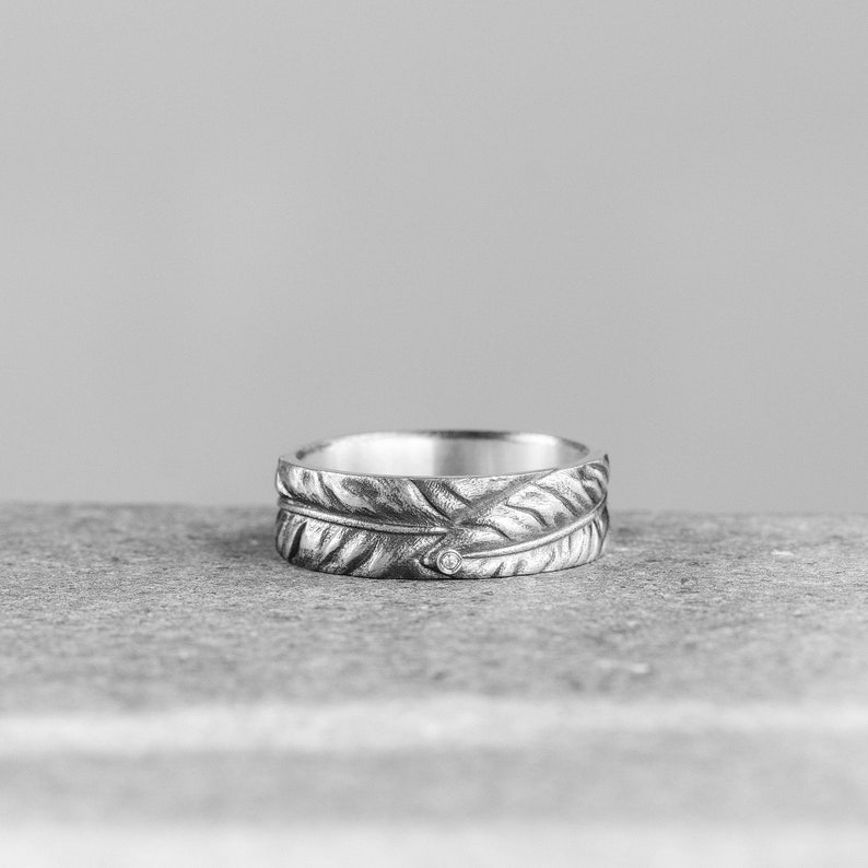 Feather Sterling Silver Band Men Wedding Ring, Handmade Silver Jewelry ...