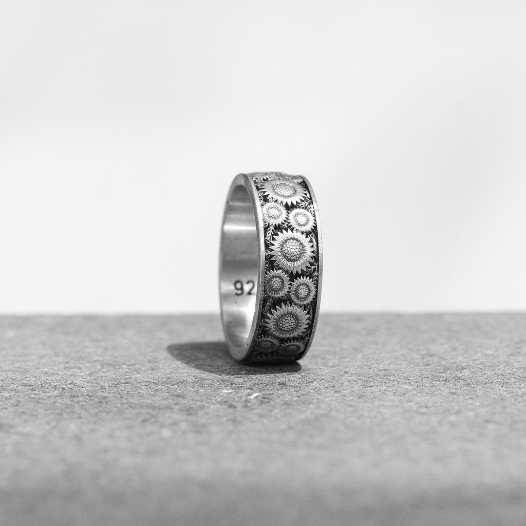 Engraved Sunflower Band Ring, Sterling Silver Nature Unique Promise ...