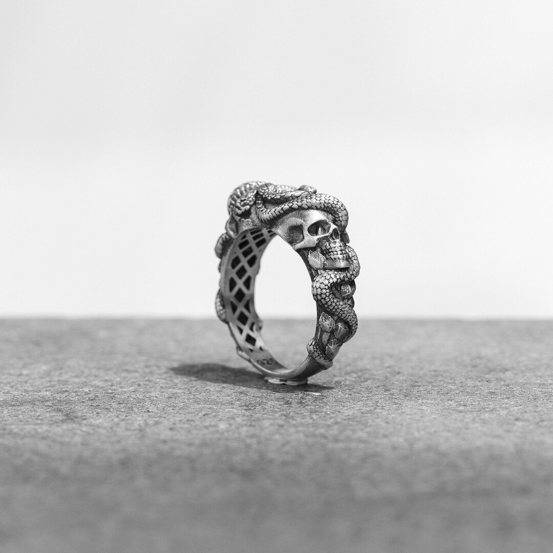 Snake Skull Silver Ring With Roses, 925k Oxidized Silver Jewelry, Biker ...