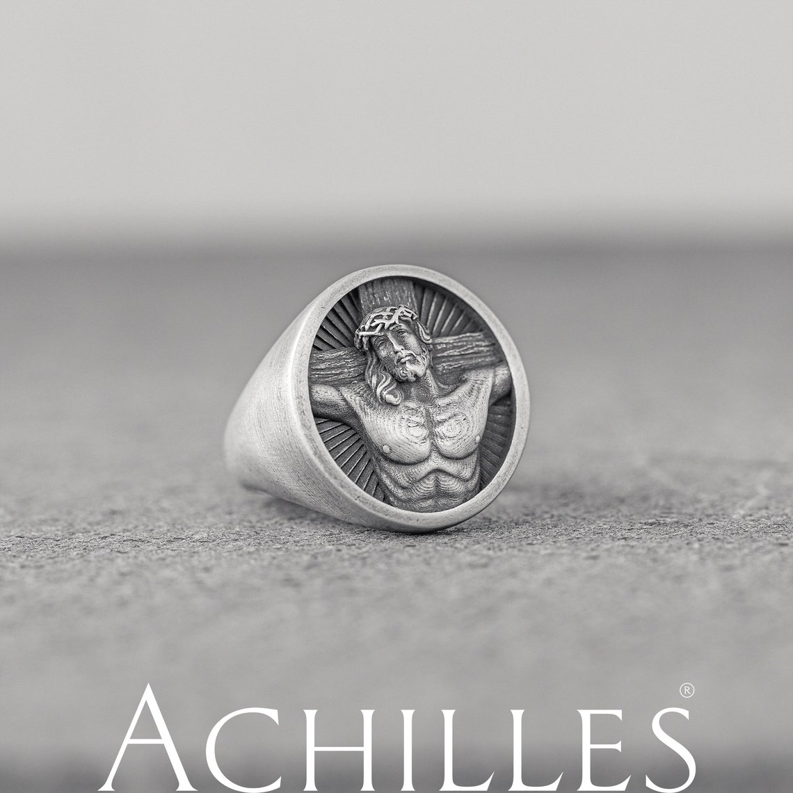 Engraved Crucifixion of Jesus Ring, Jesus Christ With Cross Oxidized ...