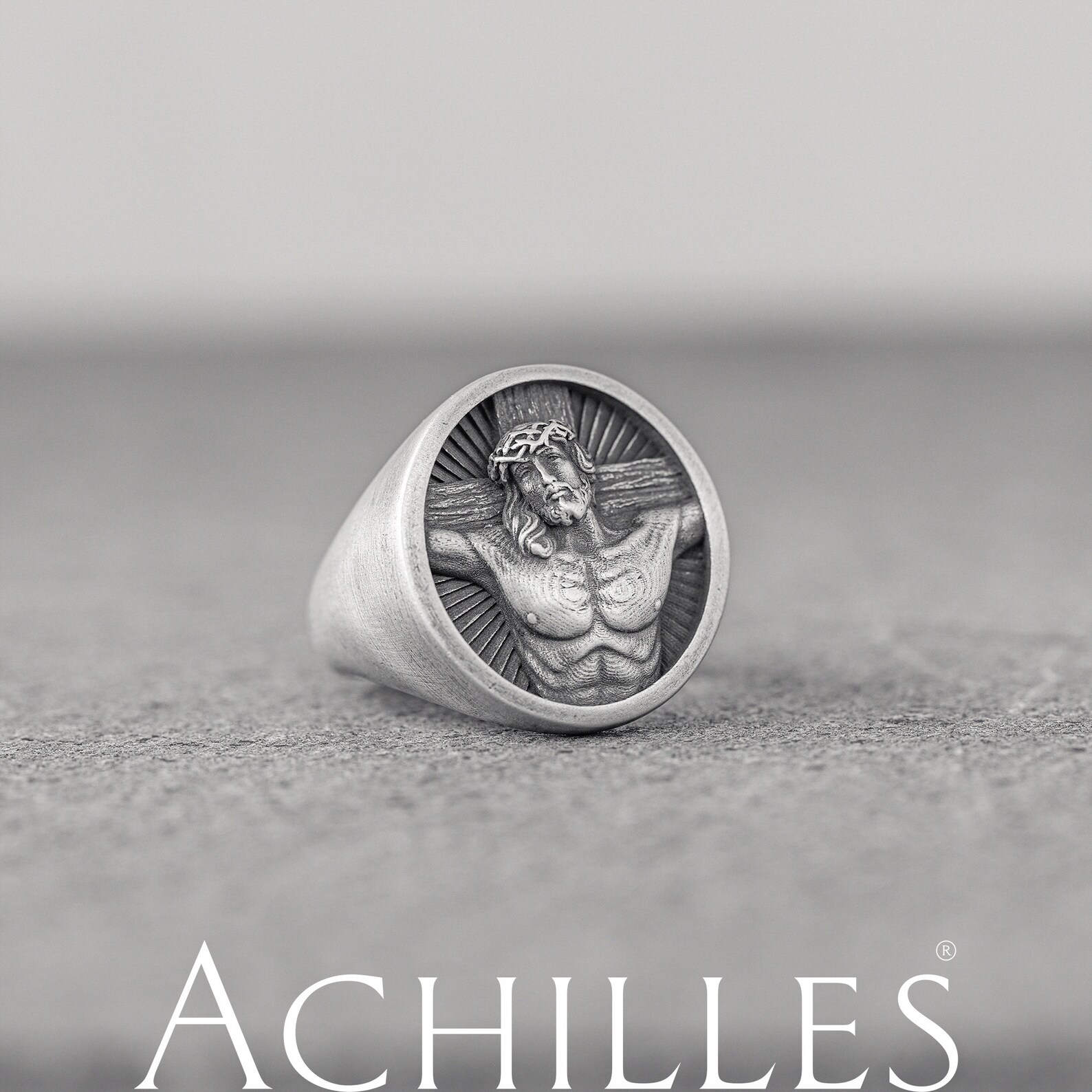 Engraved Crucifixion of Jesus Ring, Jesus Christ With Cross Oxidized ...