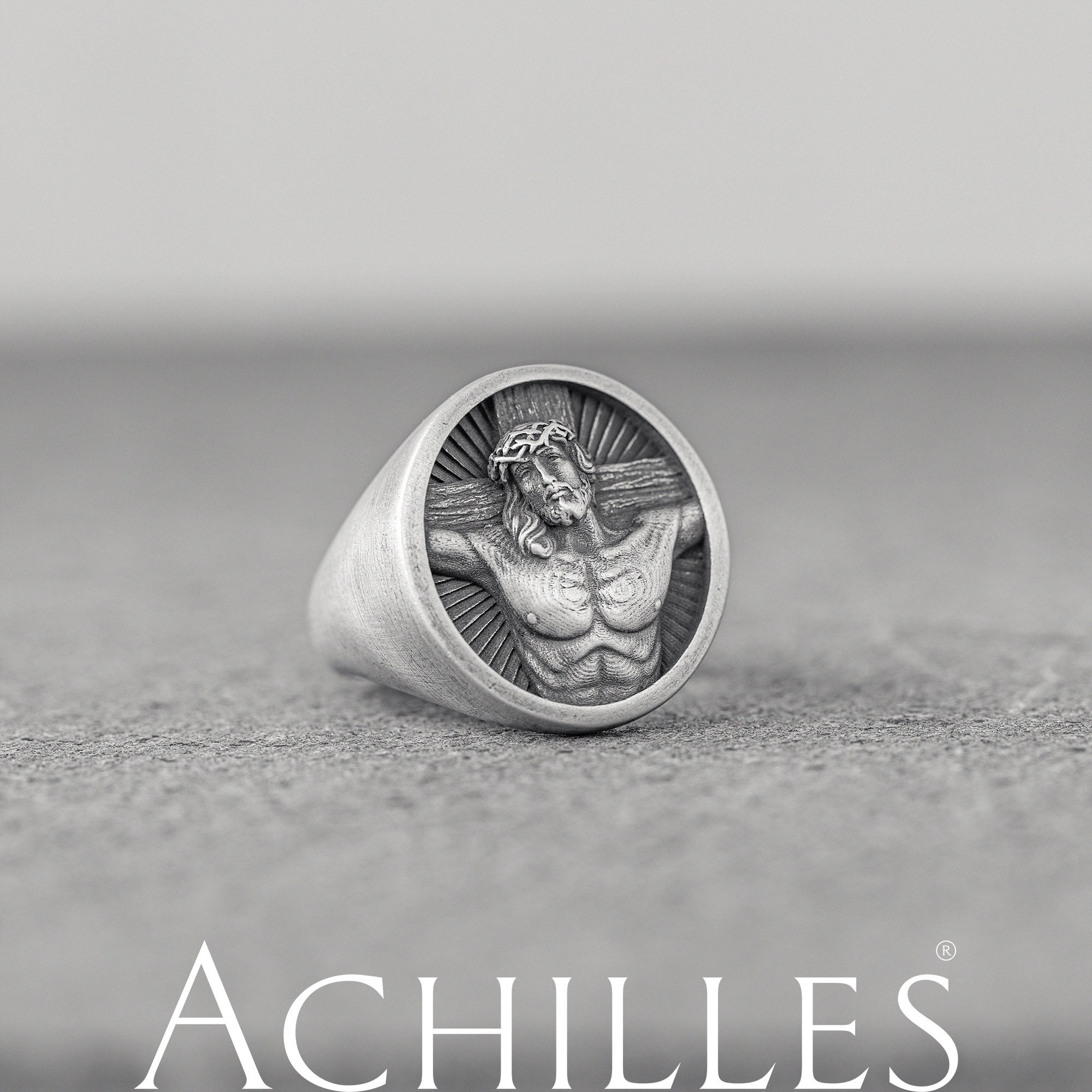 Engraved Crucifixion of Jesus Ring, Jesus Christ With Cross Oxidized ...