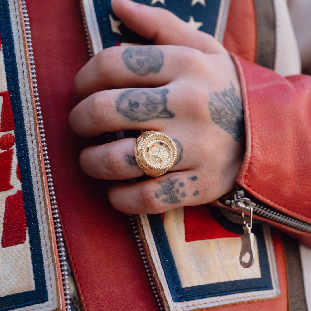 Gold Crescent Moon Star Ring 14k Crescent Moon Star Signet Ring Solid ...