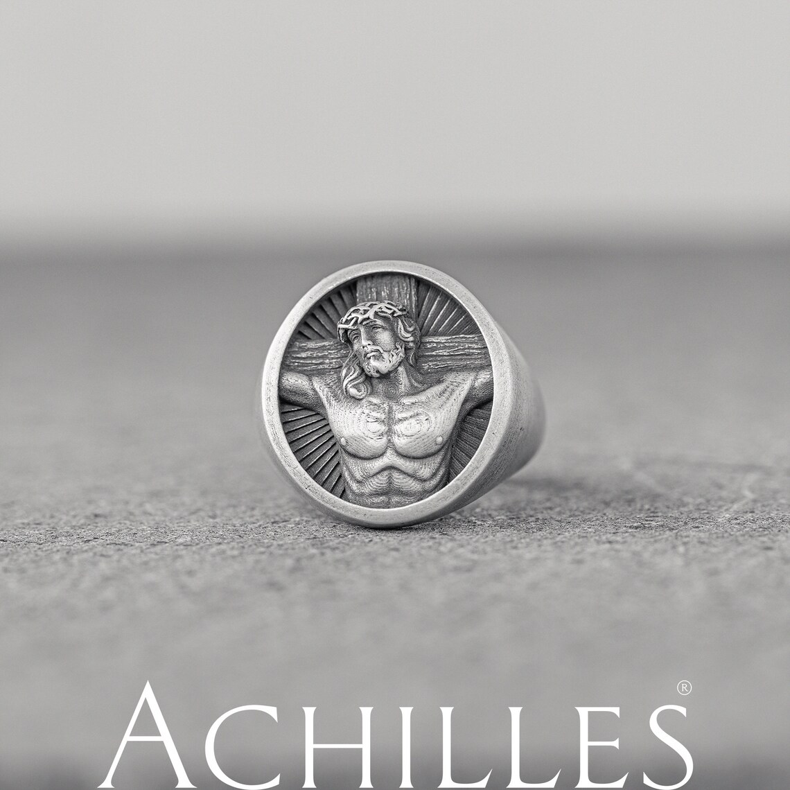 Engraved Crucifixion of Jesus Ring, Jesus Christ With Cross Oxidized ...