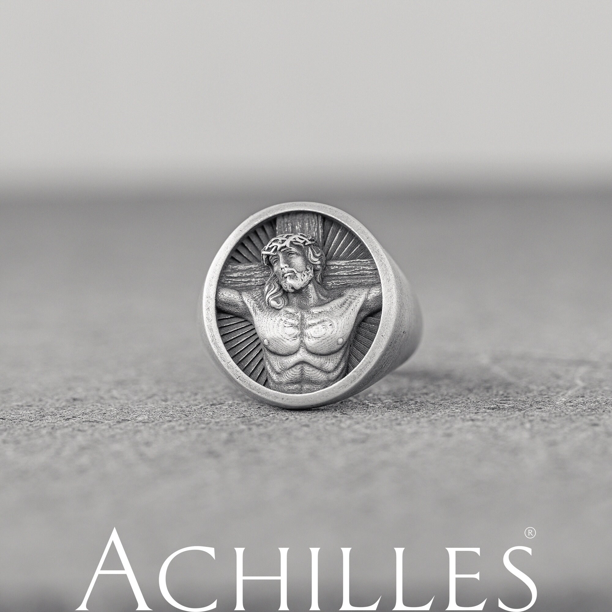 Engraved Crucifixion of Jesus Ring, Jesus Christ With Cross Oxidized ...