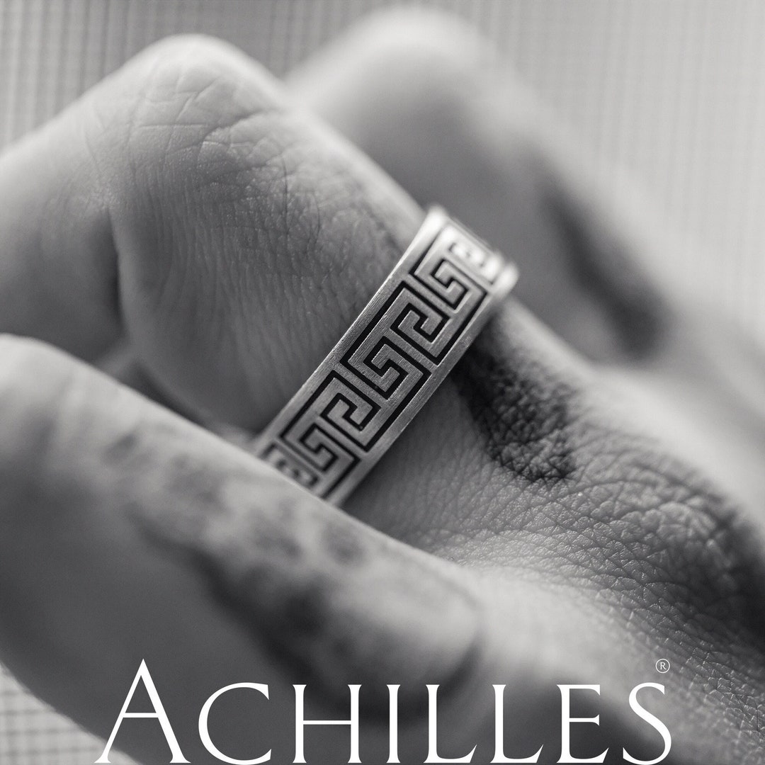 Silver Greek Key Ring, Hellenic Pattern Mens Band, Classic Greek Design ...