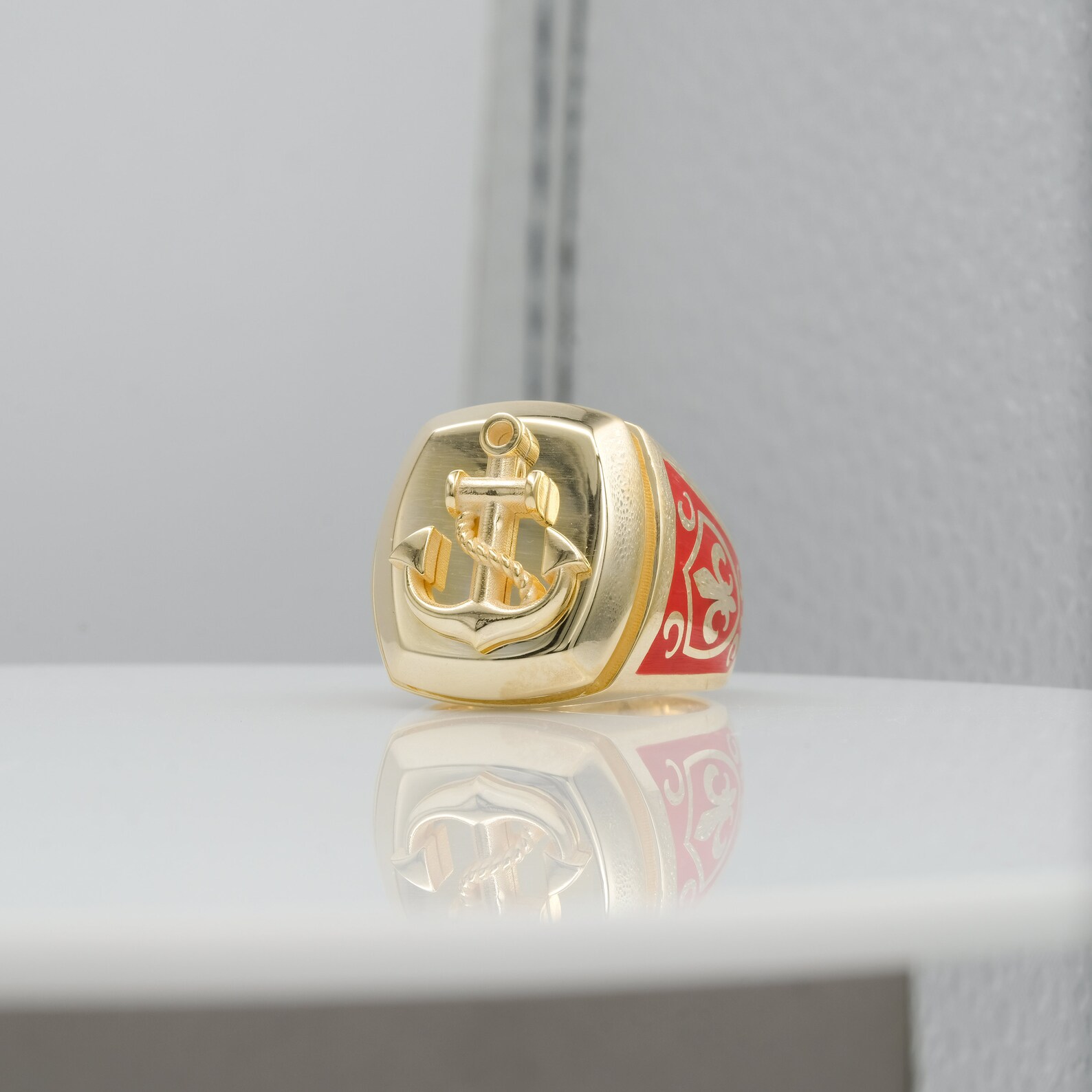 18k Gold Anchor Ring 14k Enamel Anchor Signet Ring Solid Anchor Signet ...
