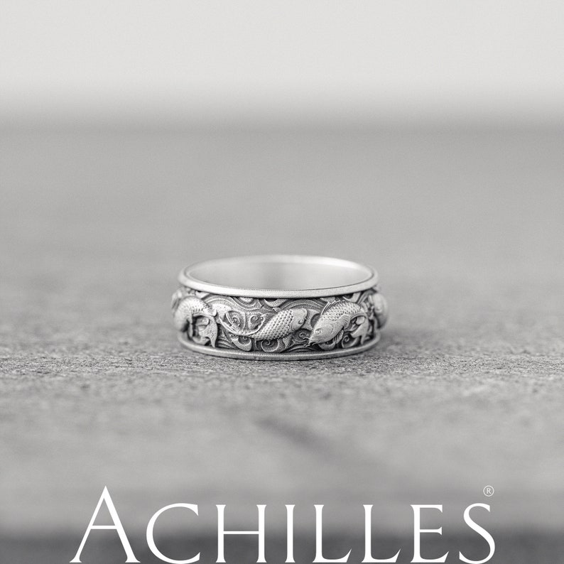 Anillo de plata de ley para hombre con diseño de pez koi, banda con ...